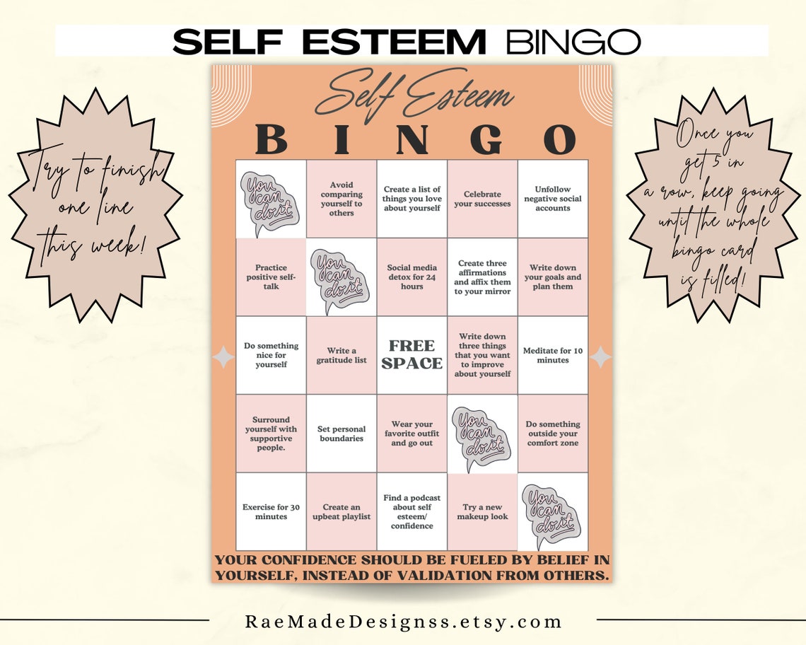 Self Esteem Bingo, Self Care Printable, Self Love Challenge, Love ...