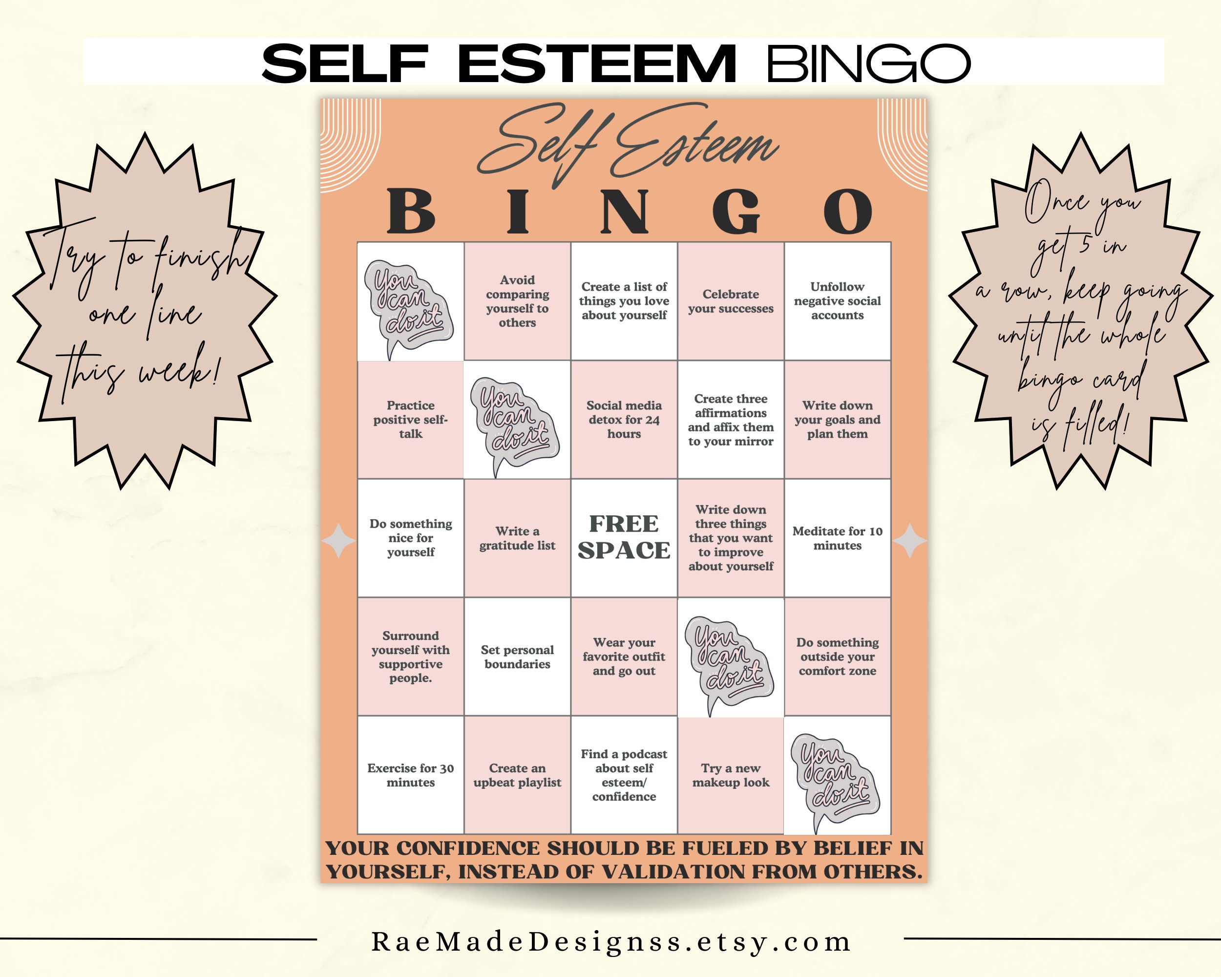 Self Esteem Bingo, Self Care Printable, Self Love Challenge, Love ...