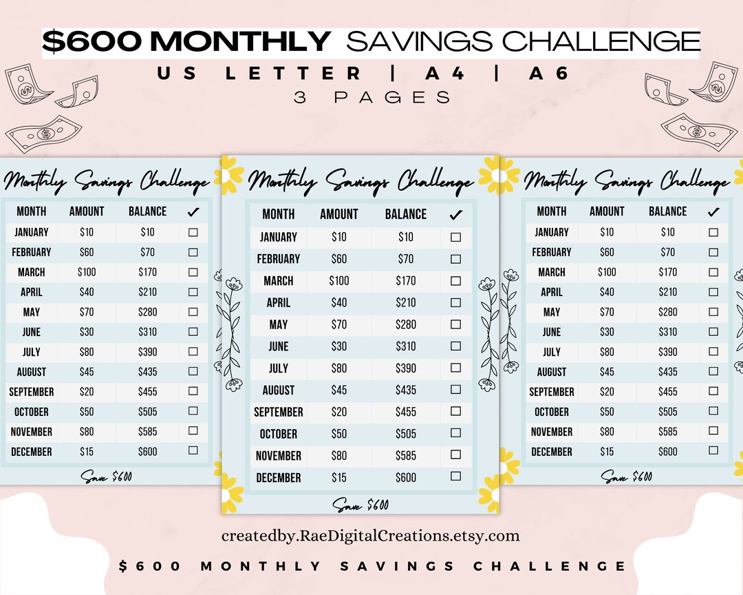 600 Monthly Savings Challenge, Save Money, Savings Challenge Bundle ...