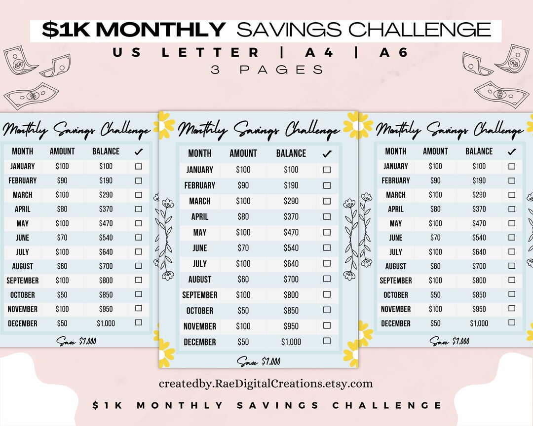 1k Monthly Savings Challenge, Save Money, Savings Challenge Bundle, Low ...