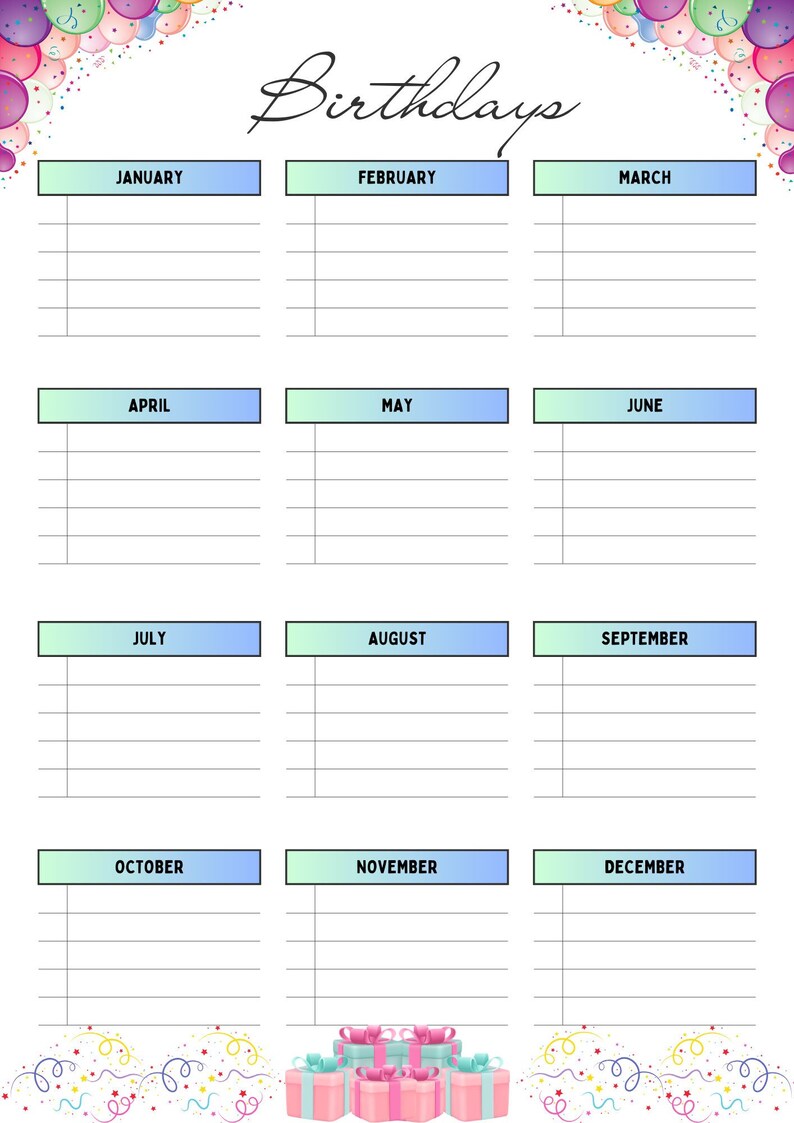 Birthday Printable PDF Calendar | A4 Editable Birthday List | Student ...