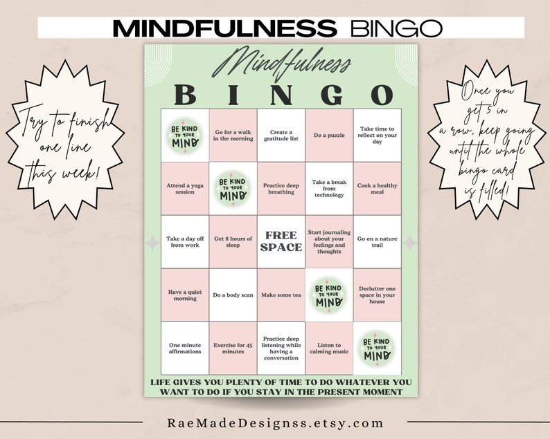 Mindfulness Bingo, Self Care Pdf, Mental Health Game, Well Being ...