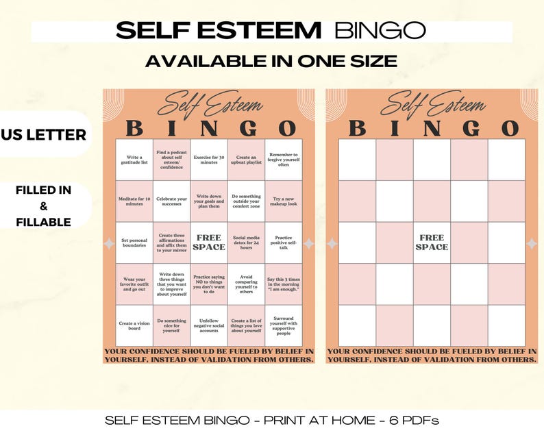 Self Esteem Bingo, Self Care Printable, Self Love Challenge, Love ...
