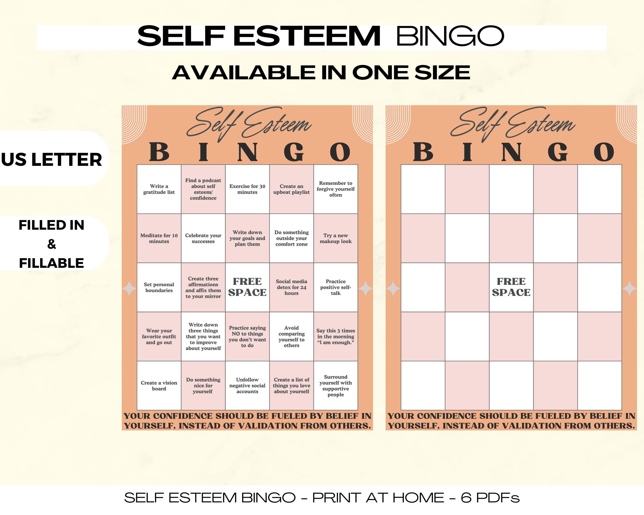 Self Esteem Bingo, Self Care Printable, Self Love Challenge, Love ...