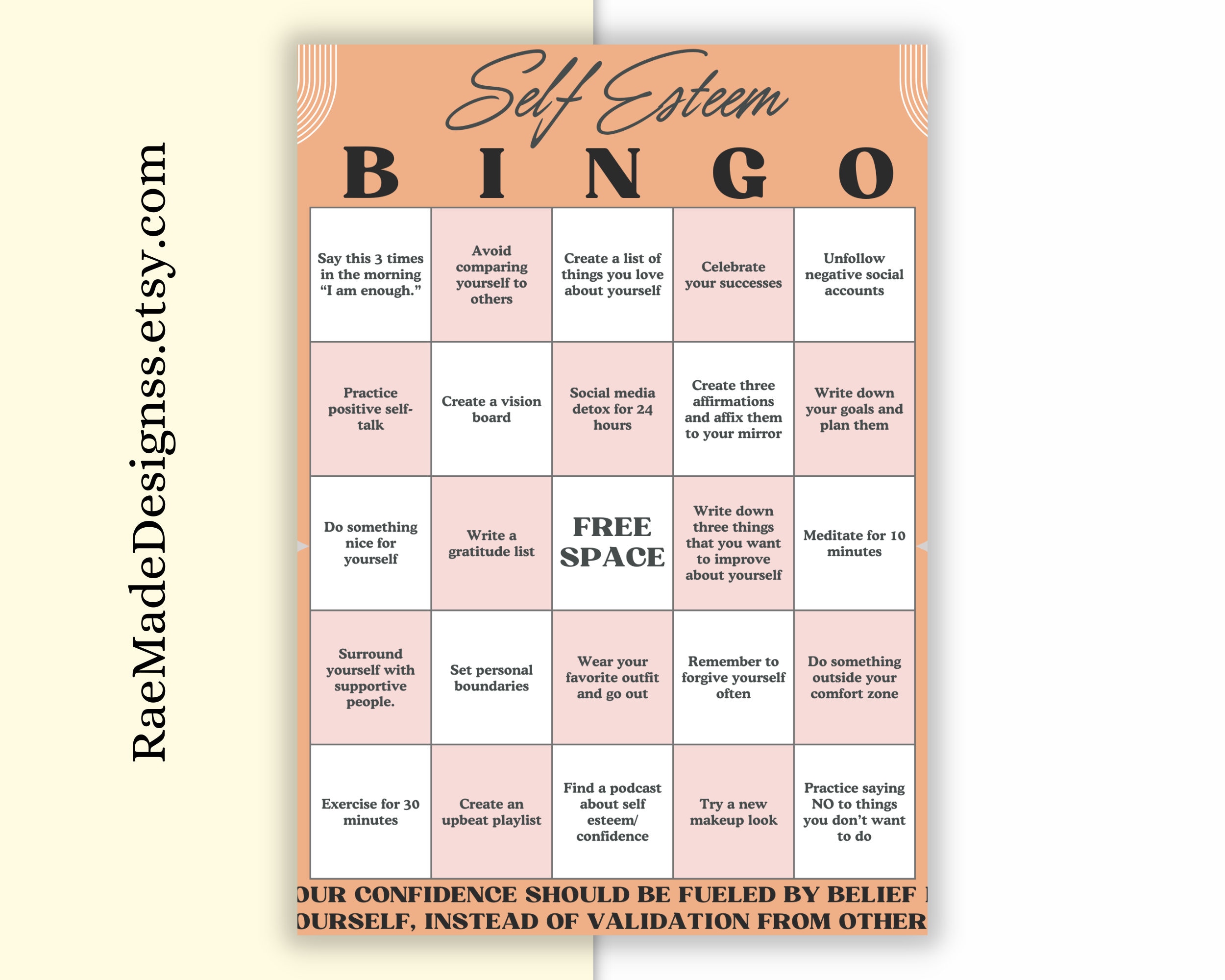 Self Esteem Bingo, Self Care Printable, Self Love Challenge, Love ...