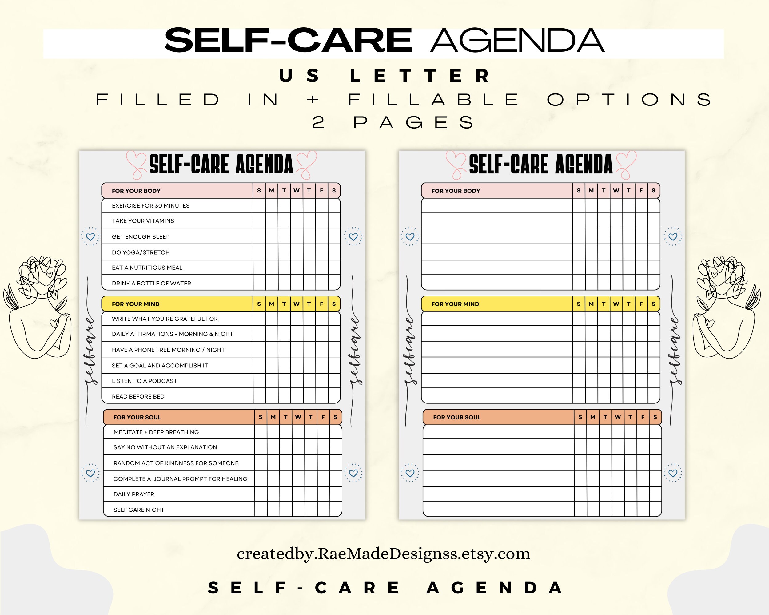 Self Care Checklist, Editable Self Care List, Self Care Printable, Self ...