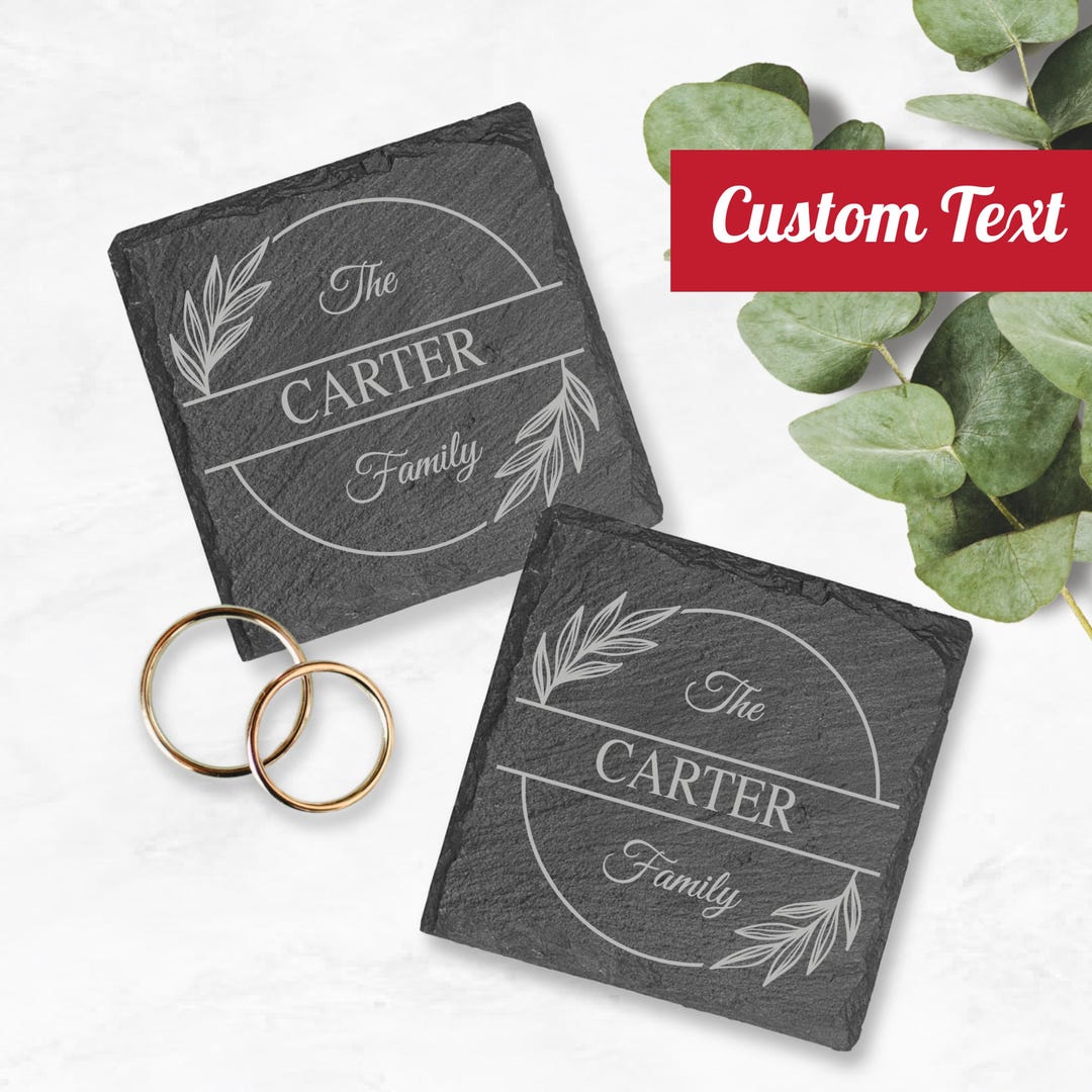Personalized Family Name Slate Coaster Set: Engraved Laurel Wreath - Etsy