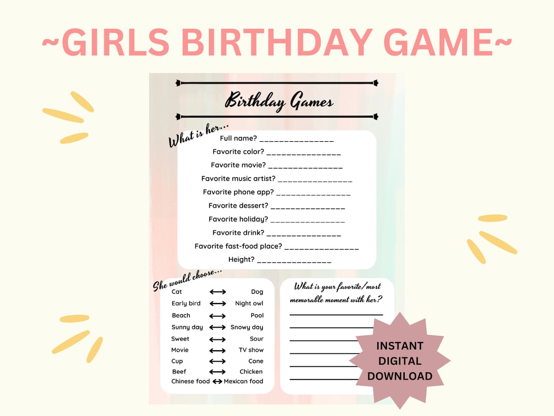 Birthday Party Game for Girls, Printable Birthday Game, Digital ...