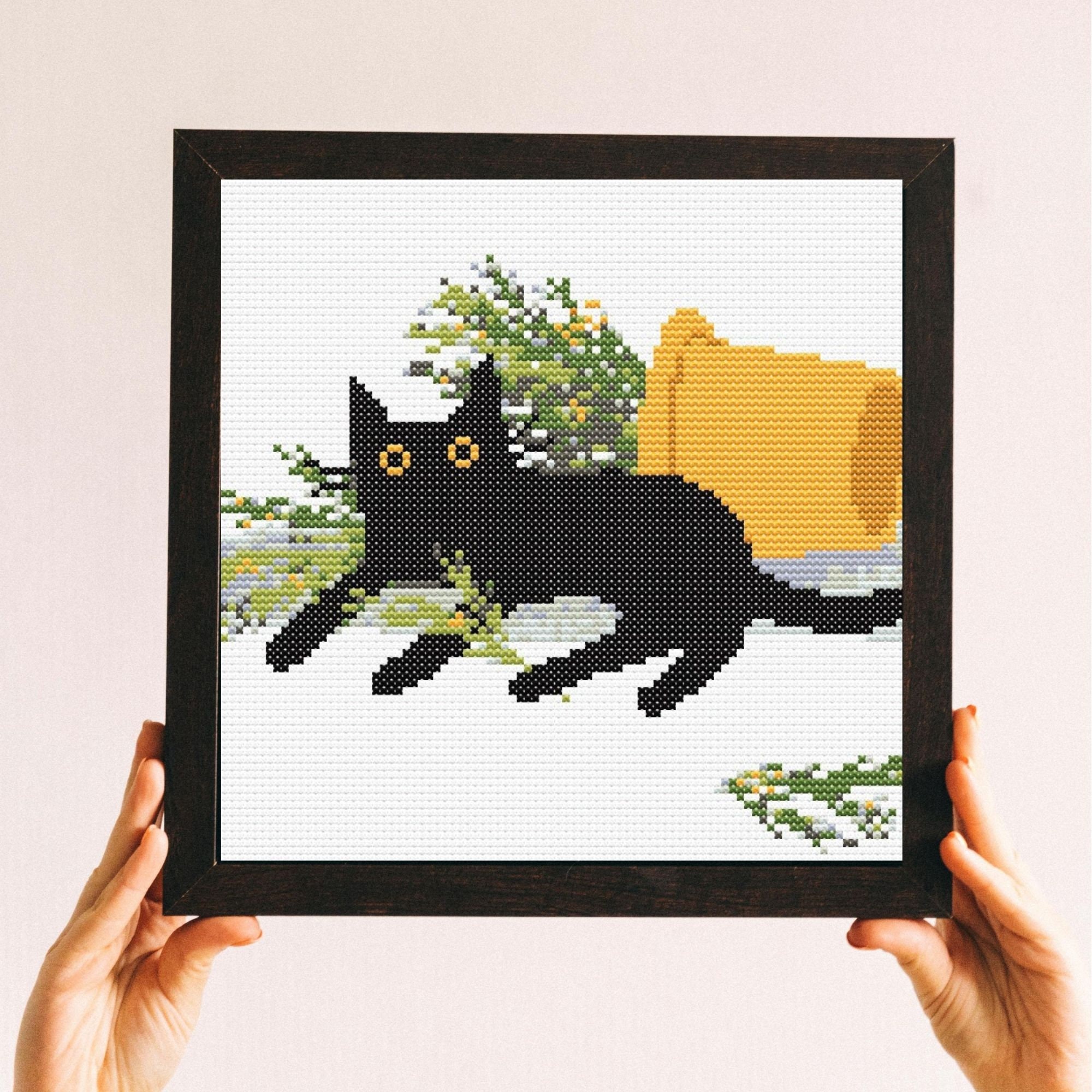 Set of Black Cats Cross Stitch Pattern, Cat in Flowerpot Cross Stitch ...