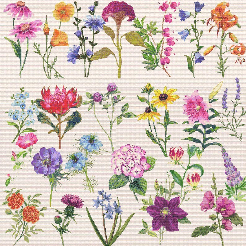 Set of 43 Wildflowers Cross Stitch Pattern, Floral Nature Wildflower ...