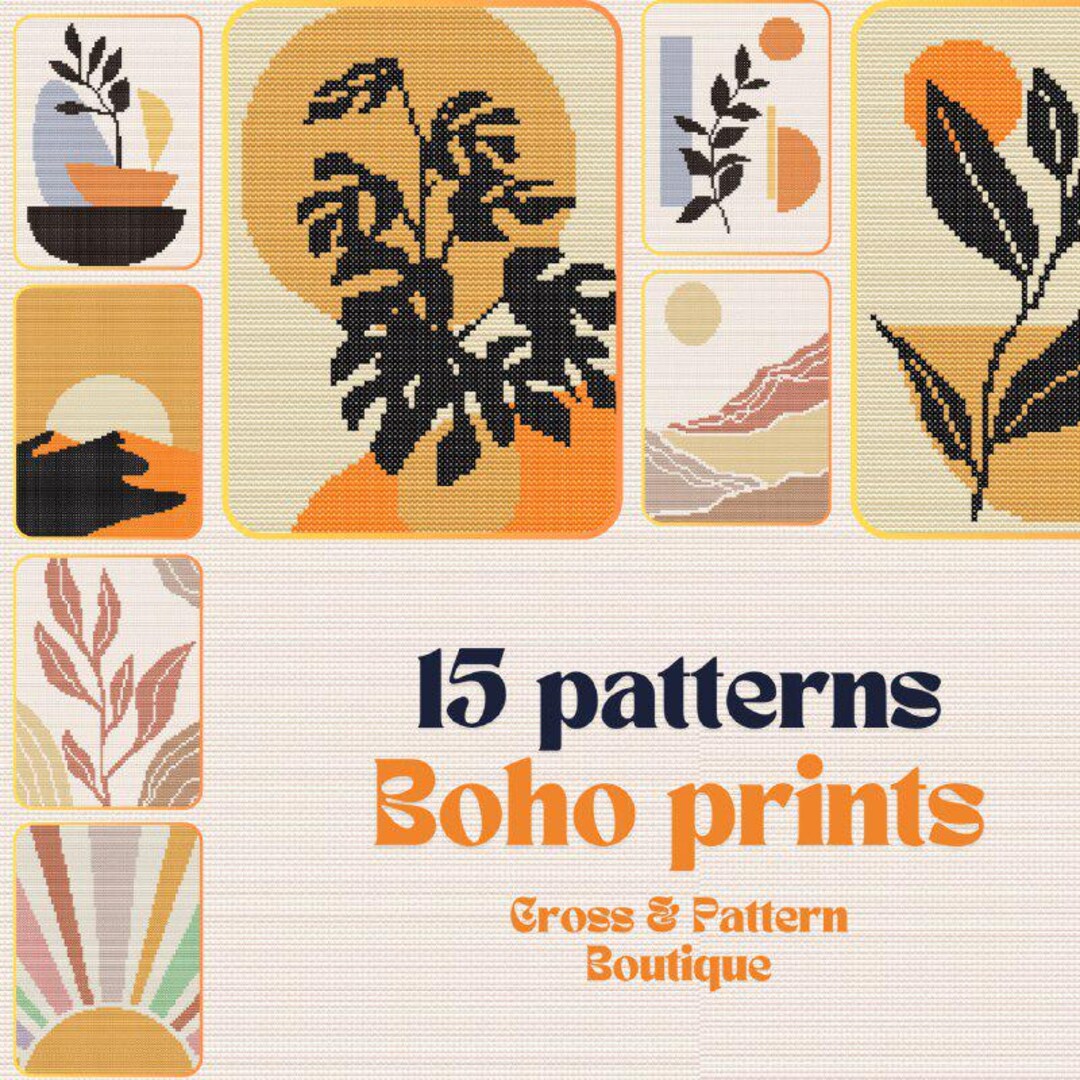 Set of 15 Modern Boho Cross Stitch Patterns, Abstract Nature Cross ...
