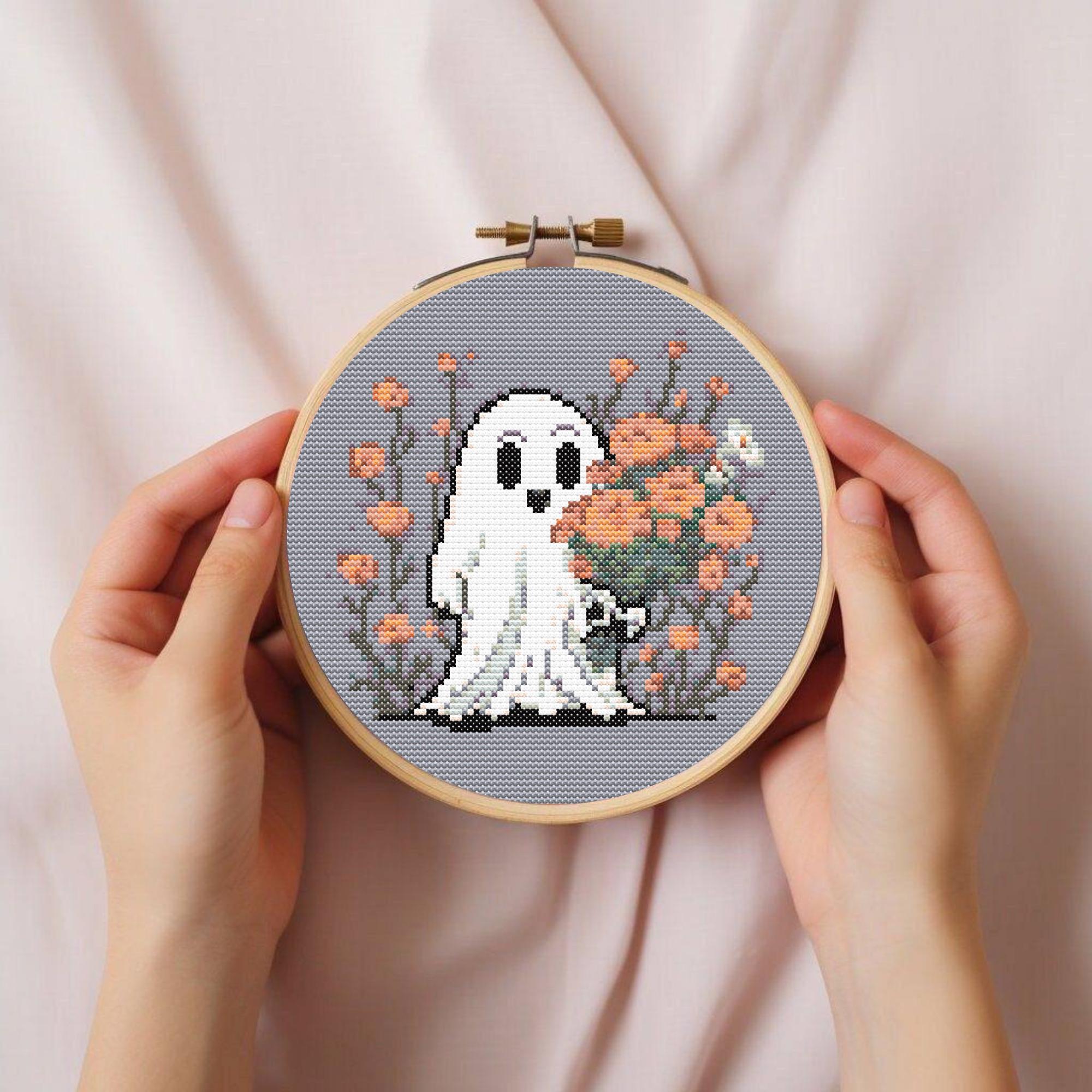 Halloween Mini Cross Stitch Pattern, Flower Ghost Cross Chart, Cute ...