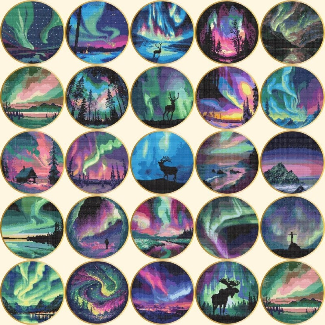 Set of 24 Northern Lights Cross Stitch Pattern, Aurora Borealis Cross ...