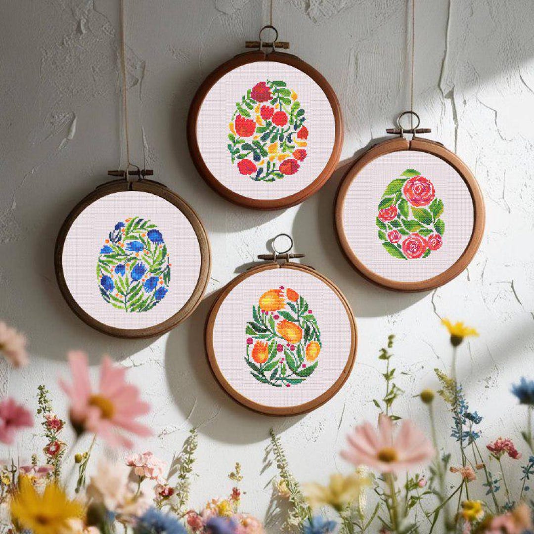Bundle of 5 Easter Cross Stitch Pattern, Easter Ornament, Easter Floral ...