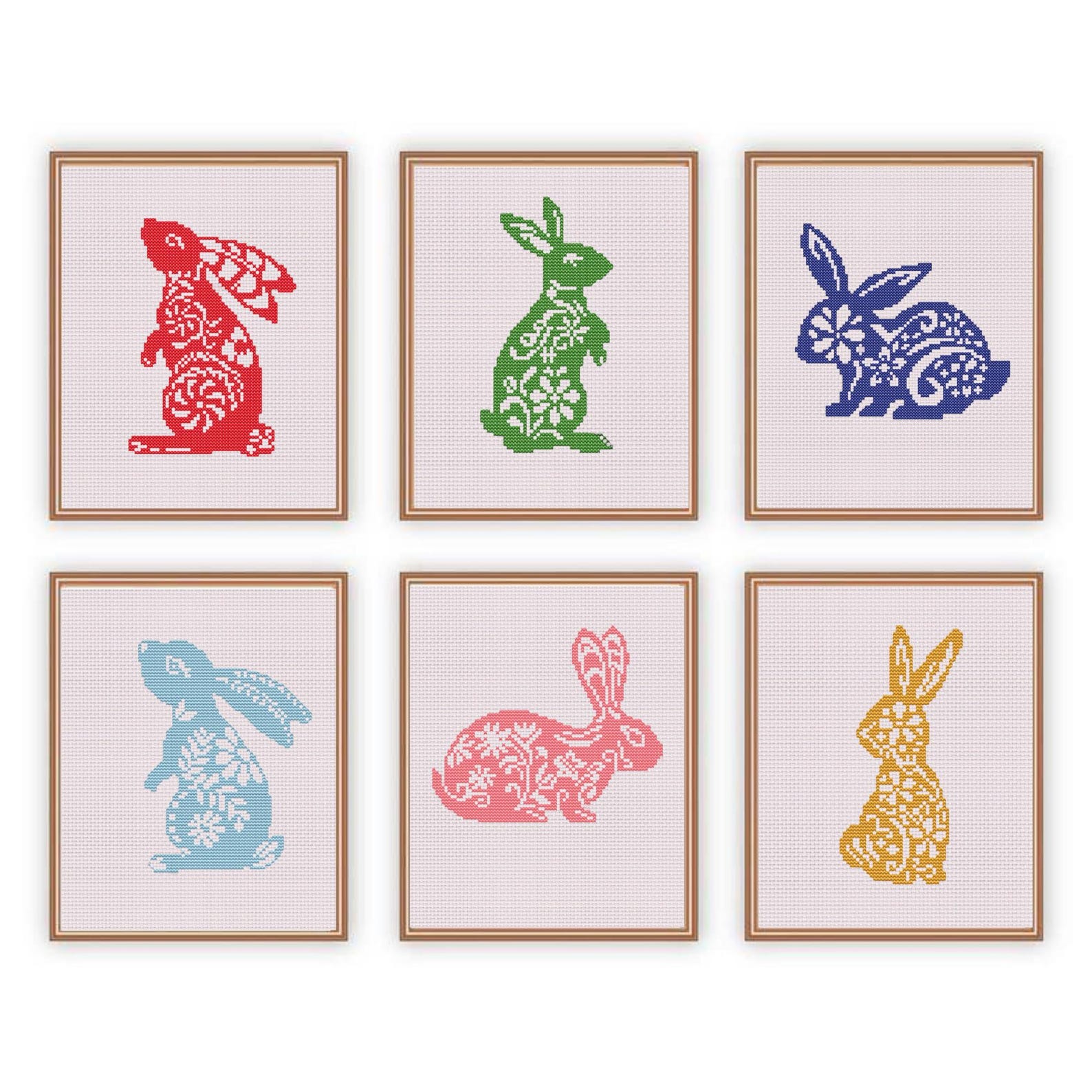 Set of 7 Easter Bunny Cross Stitch Pattern, Floral Bunny Cross Chart ...
