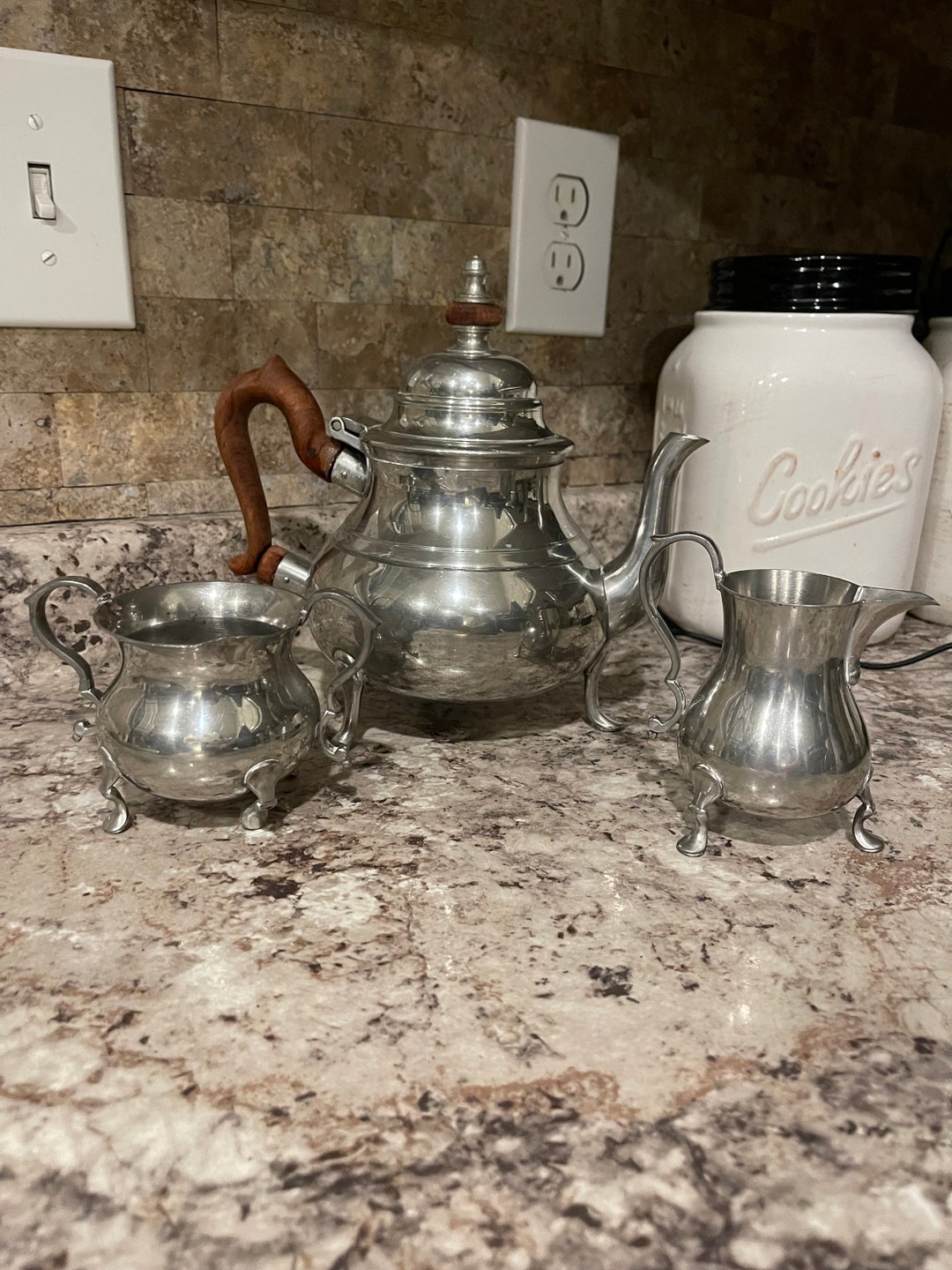 Colonial Williamsburg Pewter Coffee Tea Footed Pot STIEFF PEWTER 3pc ...