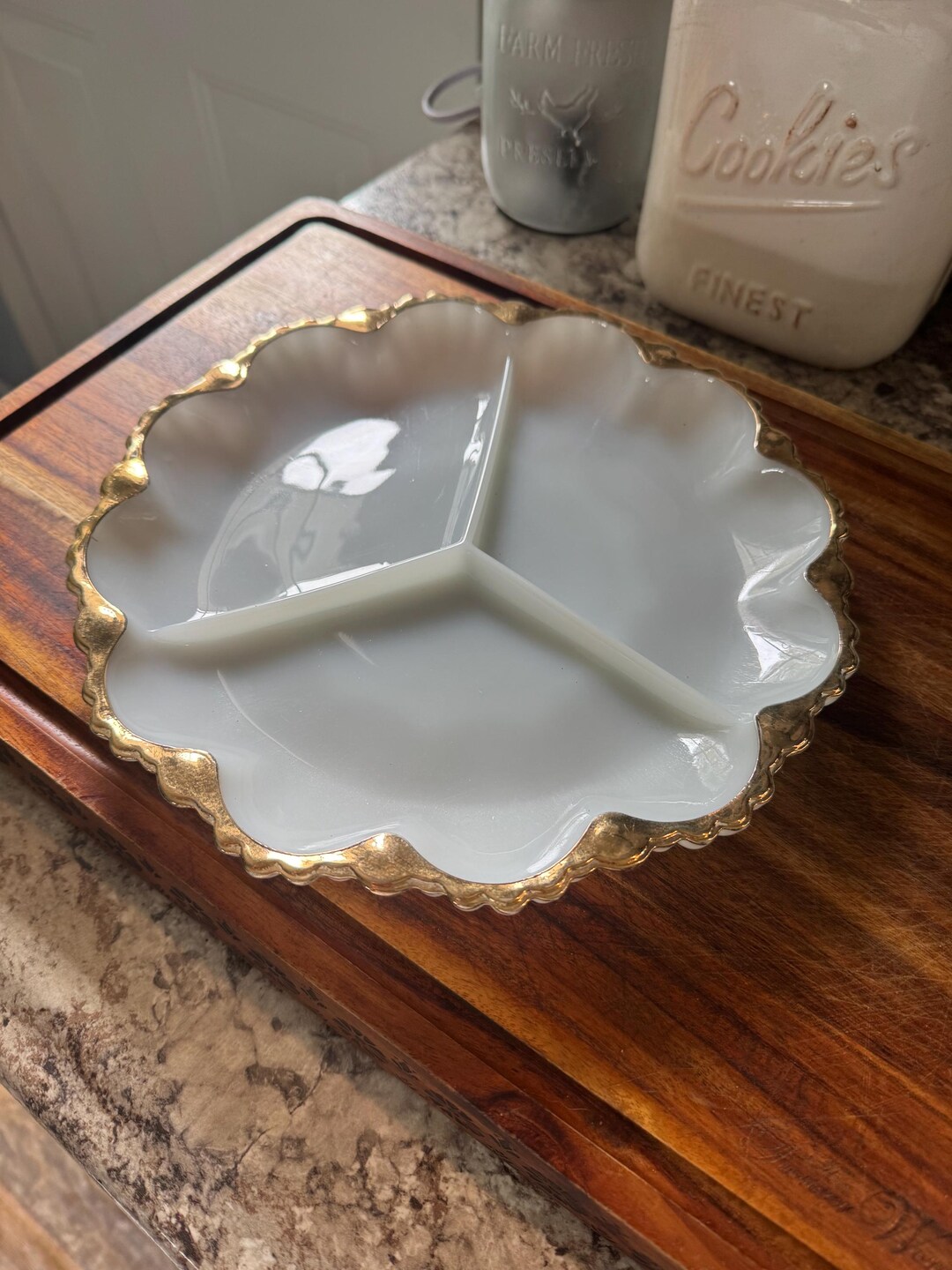 Vintage Fire-king Milkglass 9" 3 Part Round Relish Dish | Swirl Golden ...