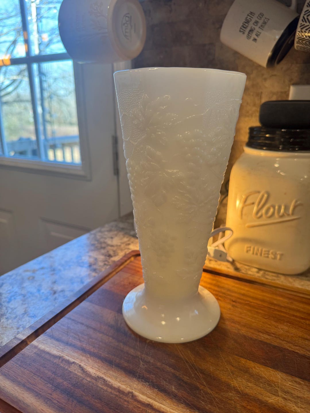 Vintage Milk Glass Vase, Anchor Hocking Octagon Panel Grape Harvest ...