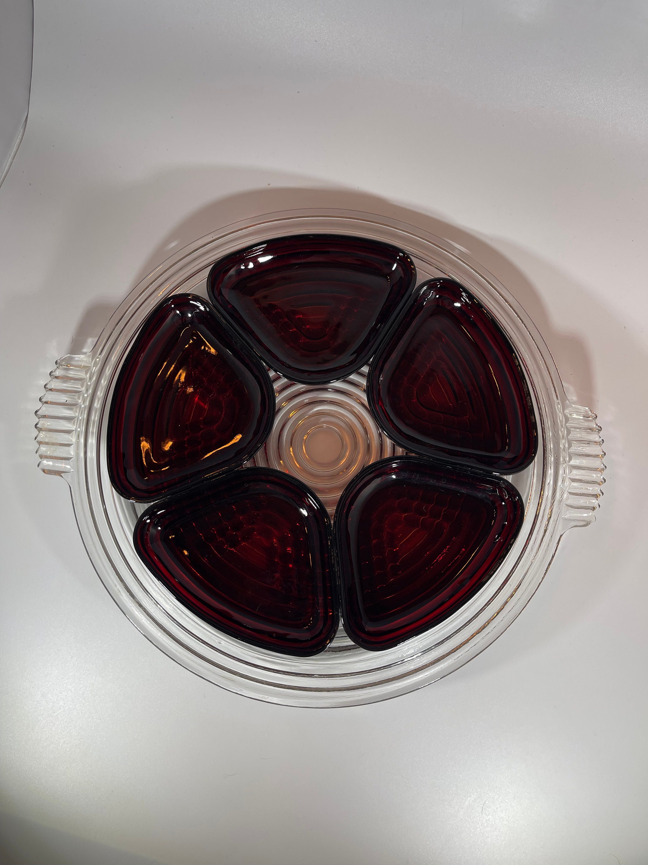 Vintage MCM Manhattan Ruby Red Relish Dish Inserts, Anchor Hocking ...