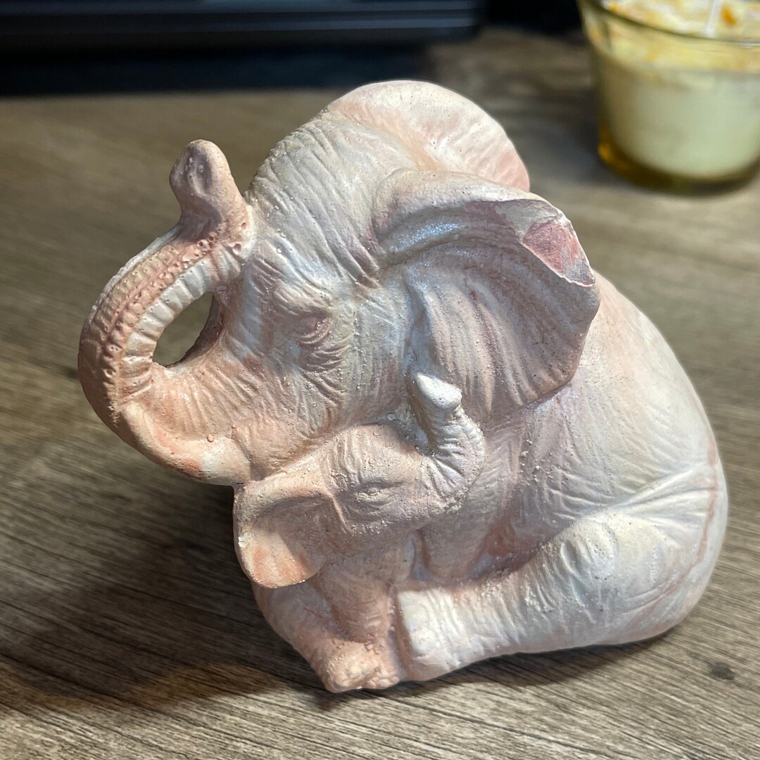 Elephants Onyx Marble Stone Carved Pink Elephant Mother and Baby Signed ...