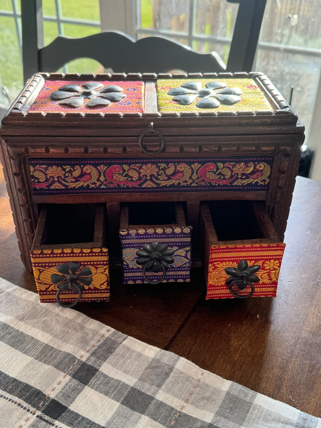 Carved Wood Box, Vintage Jewelry Box, Colorful Wooden Box, Apothecary ...