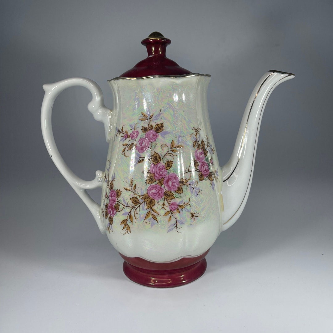 Coffee Pot, Tea Pot, Flower, Floral, Rose, Burgundy , Gold, Made in ...