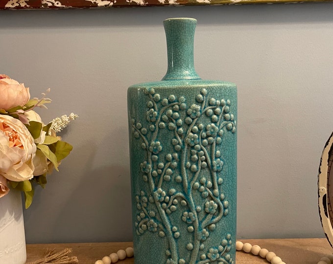 Vintage Handmade Cerulean Chinese Porcelain Floral Embossed Celadon ...