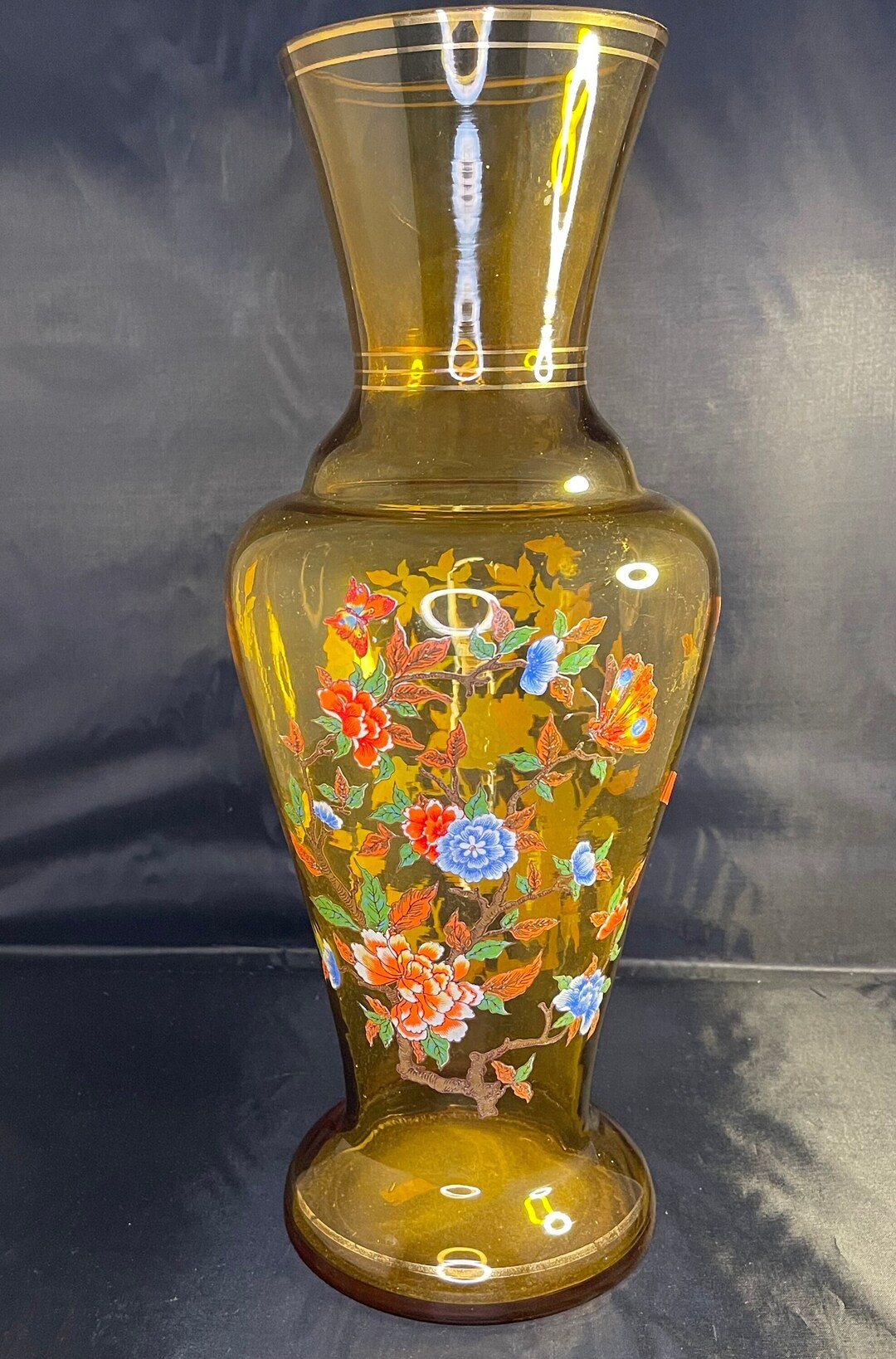 Vintage Amber Glass Hand Painted Floral Vase With Gold Trim - Etsy
