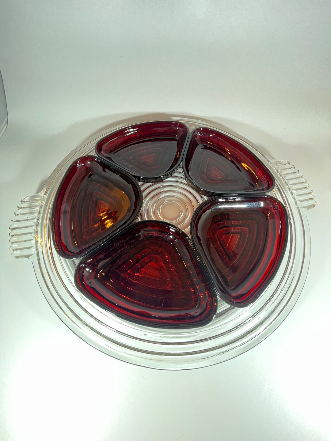 Vintage MCM Manhattan Ruby Red Relish Dish Inserts, Anchor Hocking ...