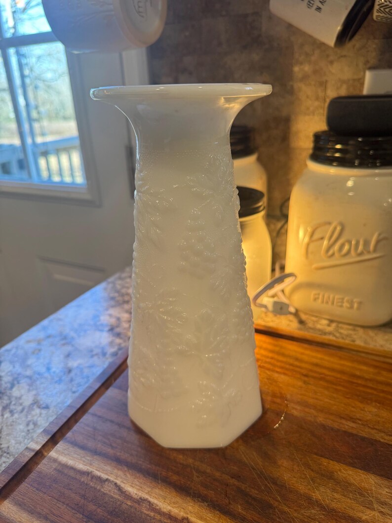 Vintage Milk Glass Vase, Anchor Hocking Octagon Panel Grape Harvest ...