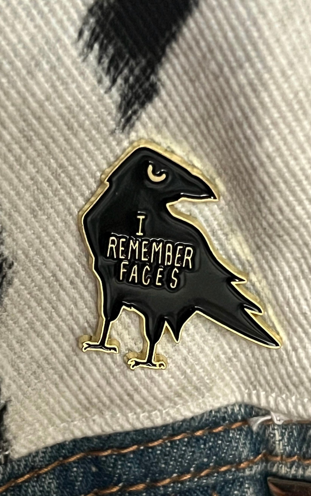 Gothic Crow Enamel Pin: "i Remember Faces" Black and Gold Goth Pin Bird ...