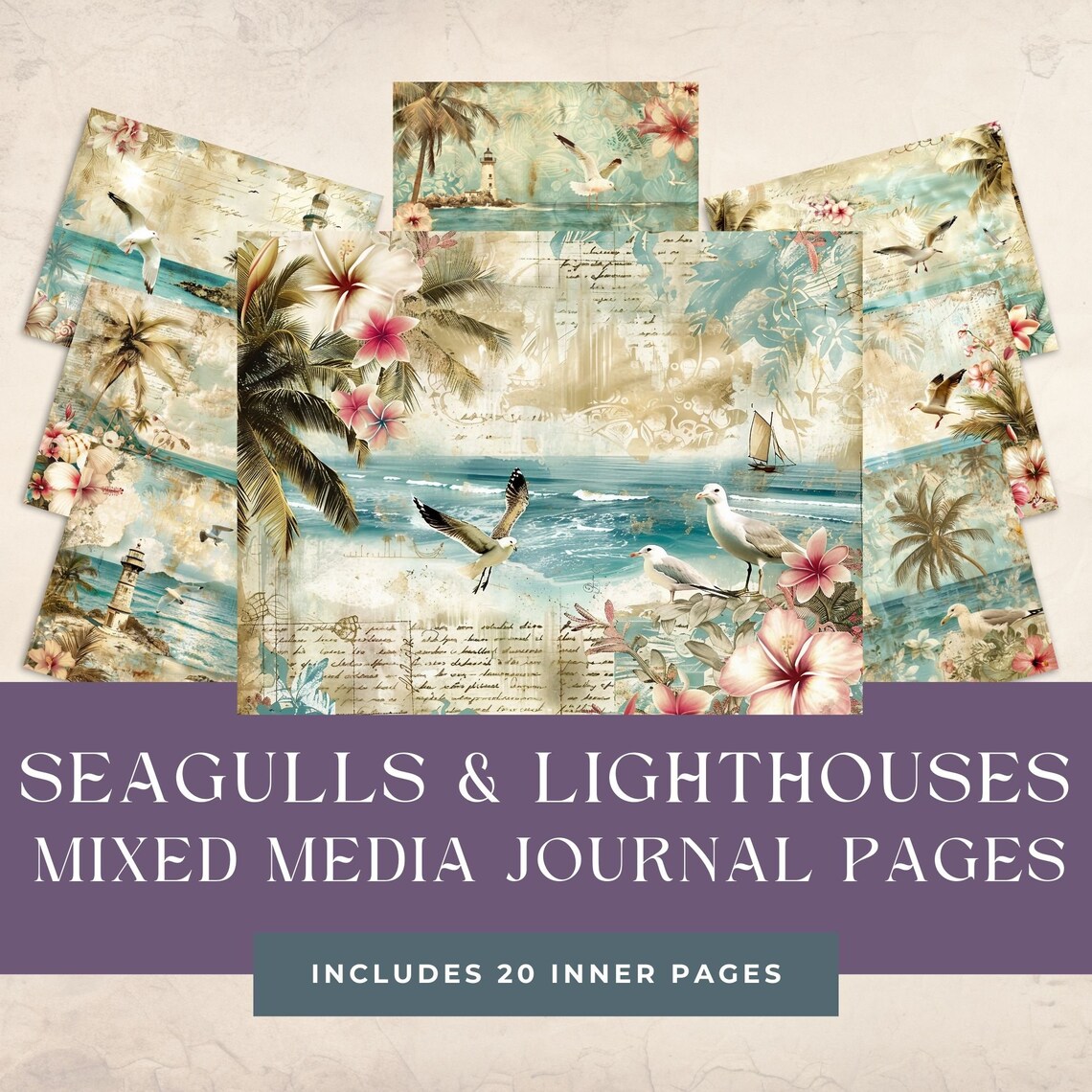 Seagulls and Lighthouses Beach Vacation Shabby Chic Junk Journal Pages ...