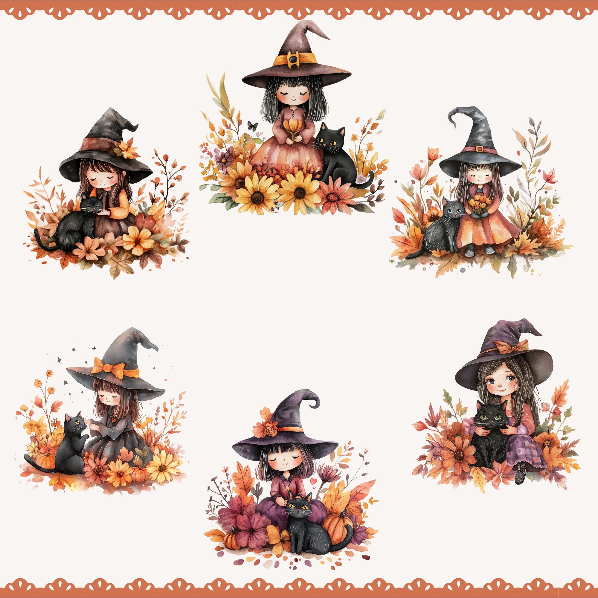 Little Watercolor Witches With Black Cats and Fall Flowers Clipart ...