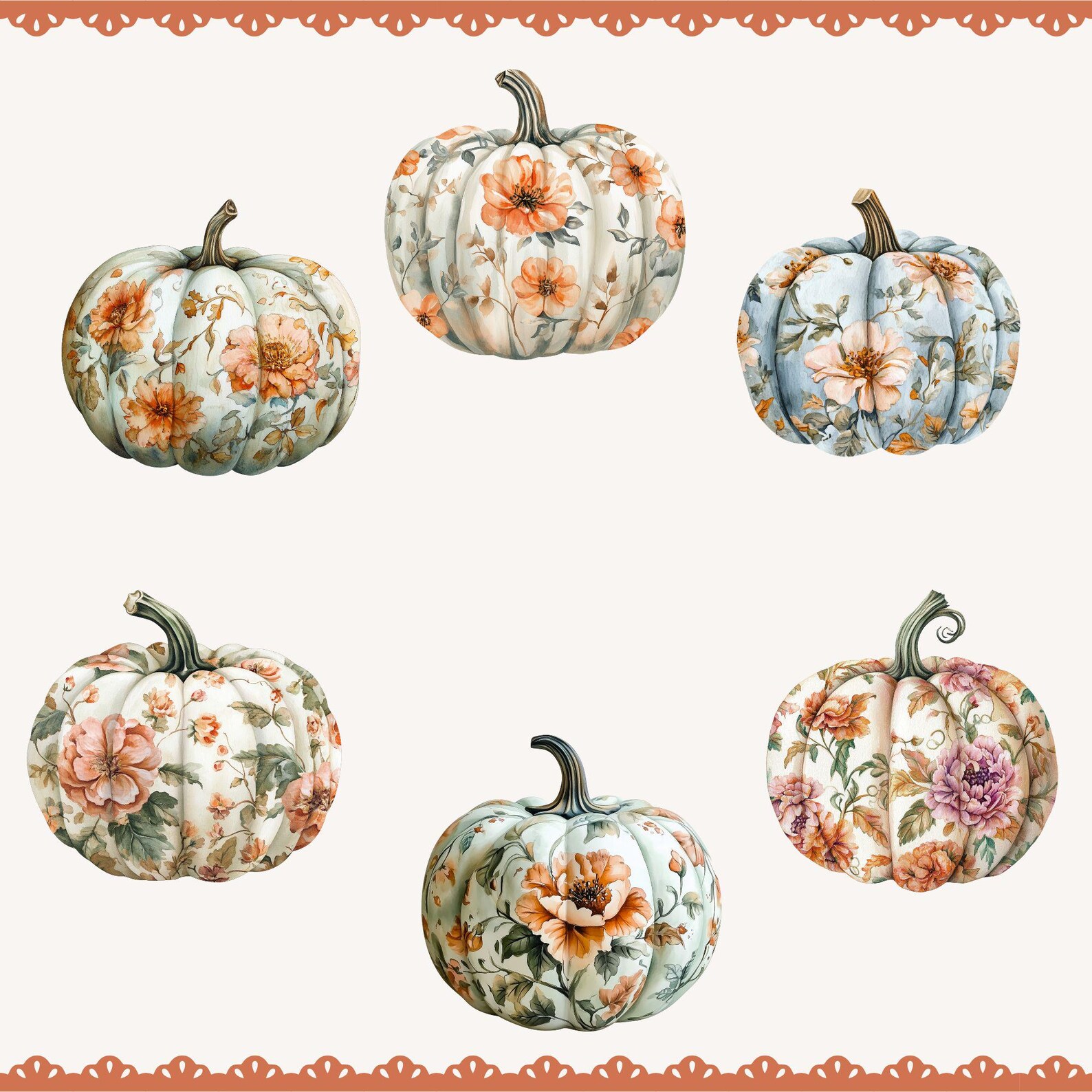 Floral Painted Pumpkins Fall Clipart, Shabby Chic Halloween ...