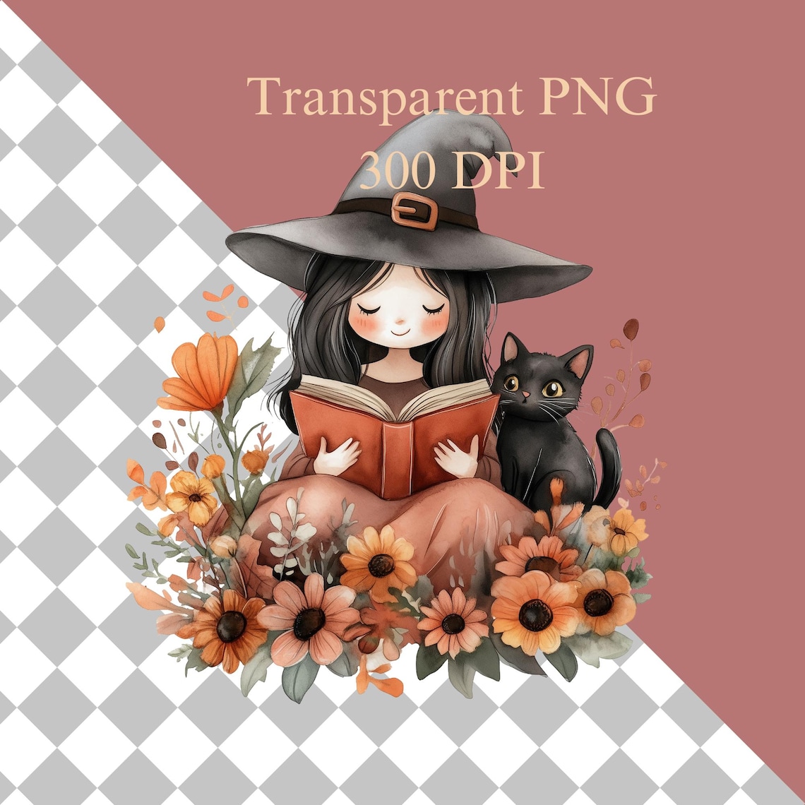 Little Watercolor Witches With Black Cats and Fall Flowers Clipart ...