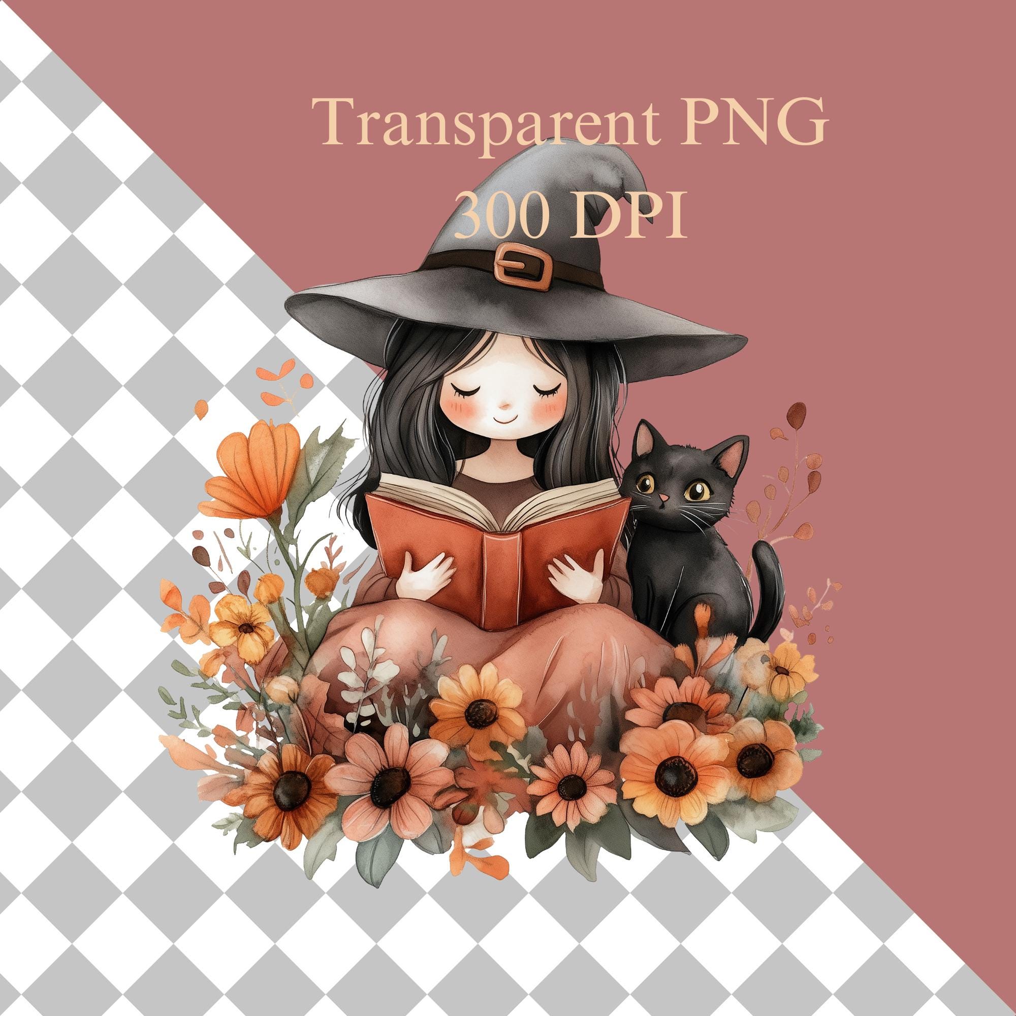 Little Watercolor Witches With Black Cats and Fall Flowers Clipart ...