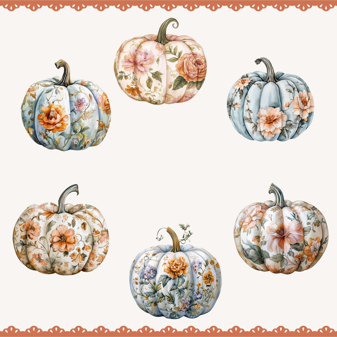 Floral Painted Pumpkins Fall Clipart, Shabby Chic Halloween ...