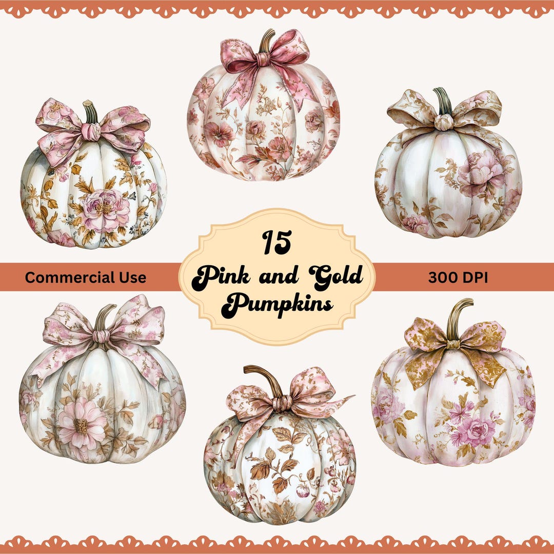 15 Pink and Gold Toile Pumpkins With Coquette Bow PNG, Cute Pumpkins ...