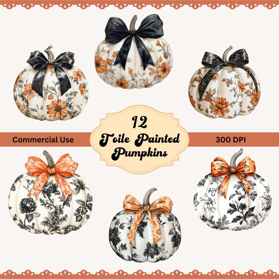 Toile Floral Painted Pumpkins Fall Clipart, Coquette Halloween ...