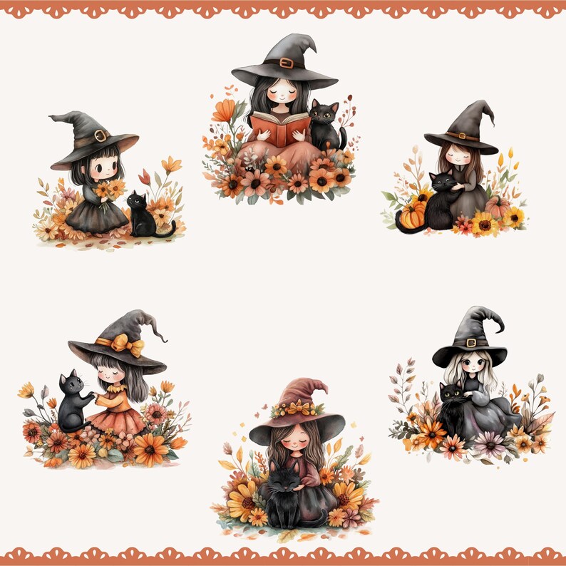 Little Watercolor Witches With Black Cats and Fall Flowers Clipart ...