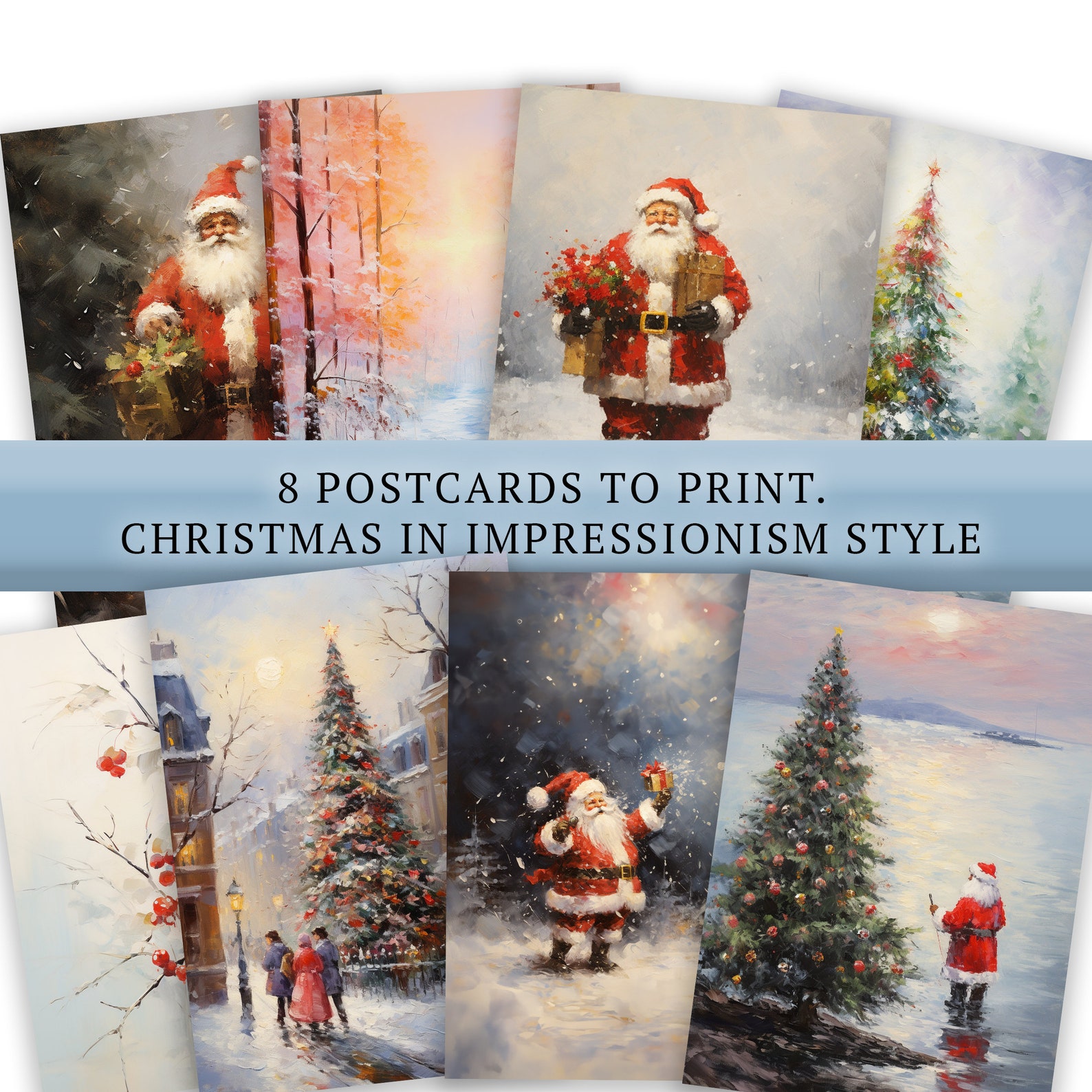 Christmas Santa Postcards, Printable Impressionism Postcard Digital ...