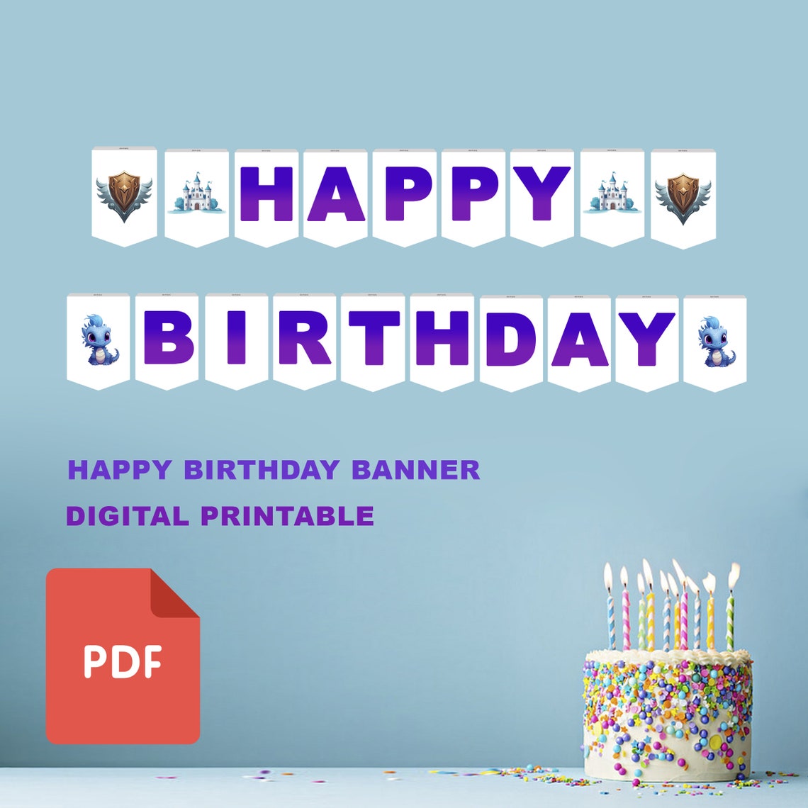 Dragon Digital Birthday Banner, Dino Printable Birthday Decor, Digital ...