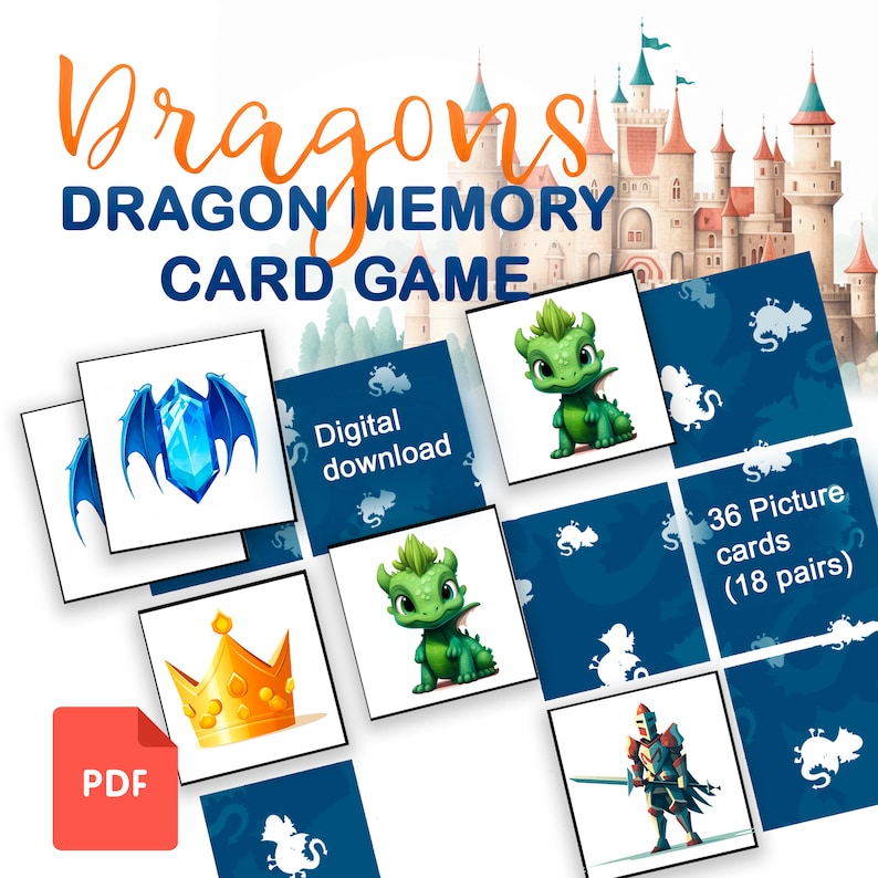 Dragon Memory Printable Card Game, Matching Game,memory Game, Printable ...