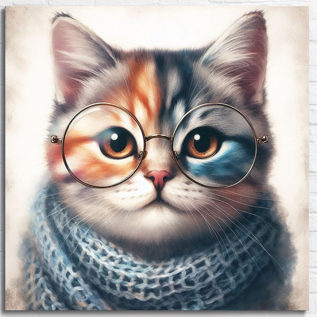 Cat With Glasses Wall Art Cute Cats Canvas or Poster, Adorable Nursery ...