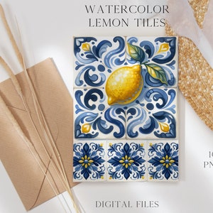 Watercolor Lemon Tiles Clipart, Blue Yellow, Watercolor Clipart - Etsy