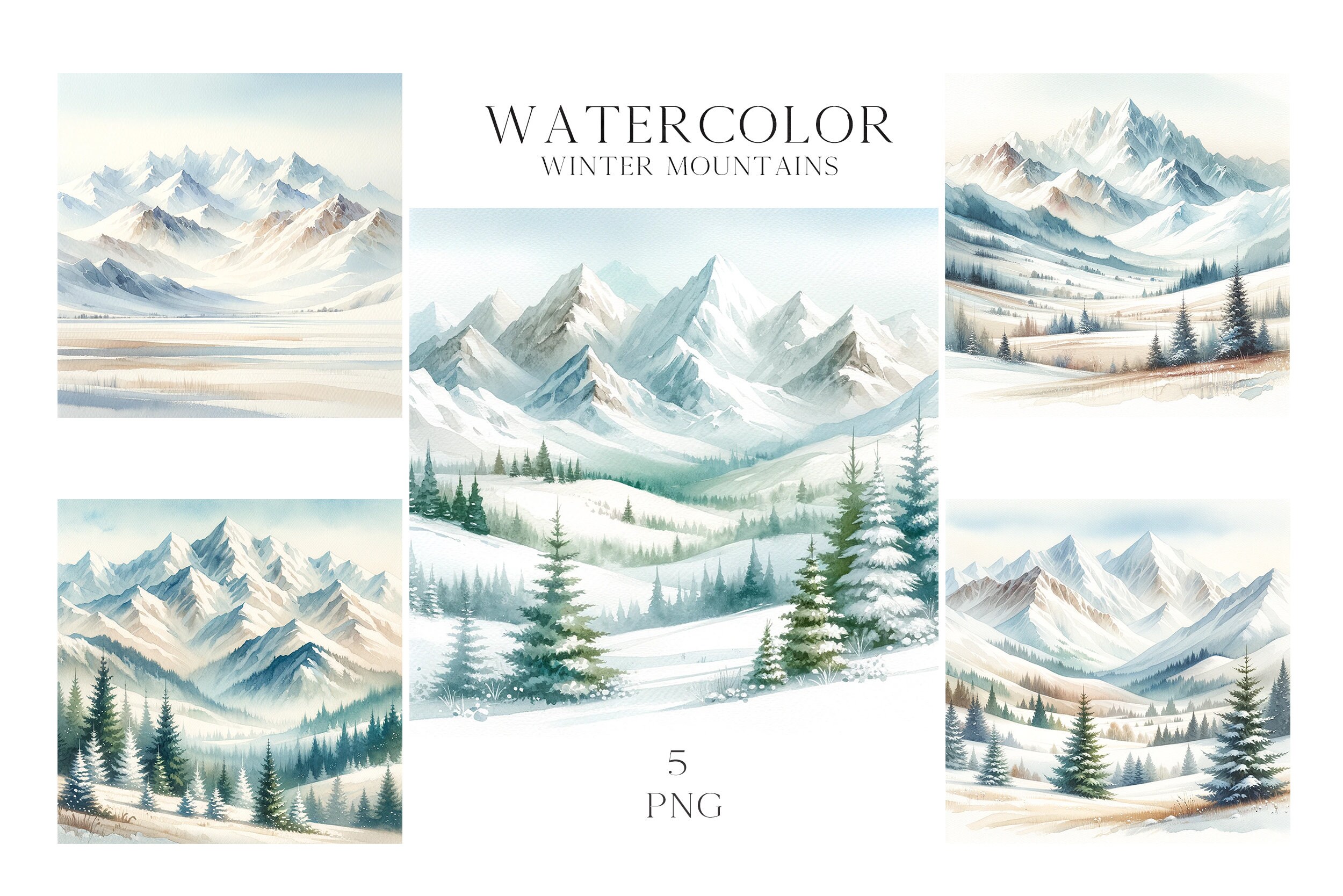 Watercolor Winter Mountains Landscape Clipart PNG Watercolor - Etsy