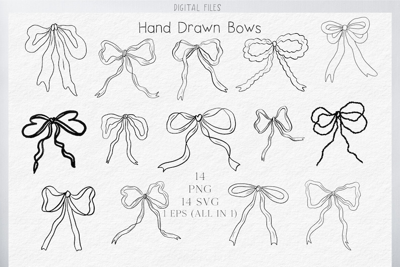 Hand-drawn Bow Clipart, Ribbon Line Art (SVG, PNG) - Etsy