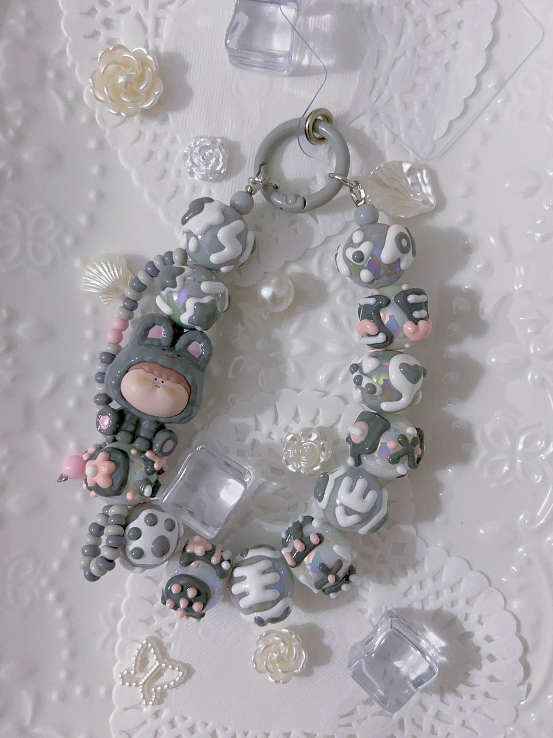 AMLLS Gray Bunny Hand Painted Bead Keychain Bag Charm Phone Charm ...