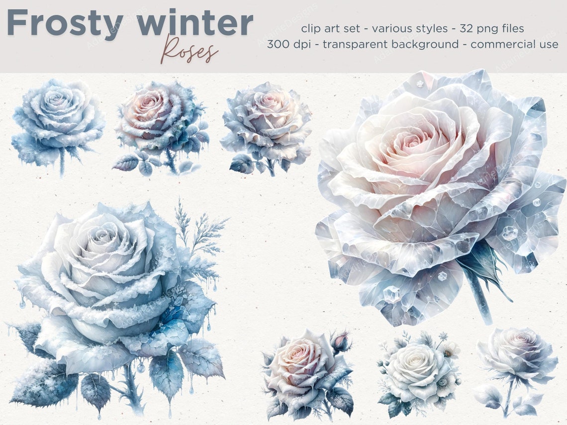 Frosty Winter Roses Clipart Floral, Flowers Clipart, Winter Clipart ...