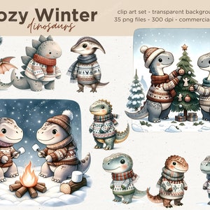 35 Cozy Winter Dinosaurs Clipart, Watercolor Clipart, Dinosaurs ...
